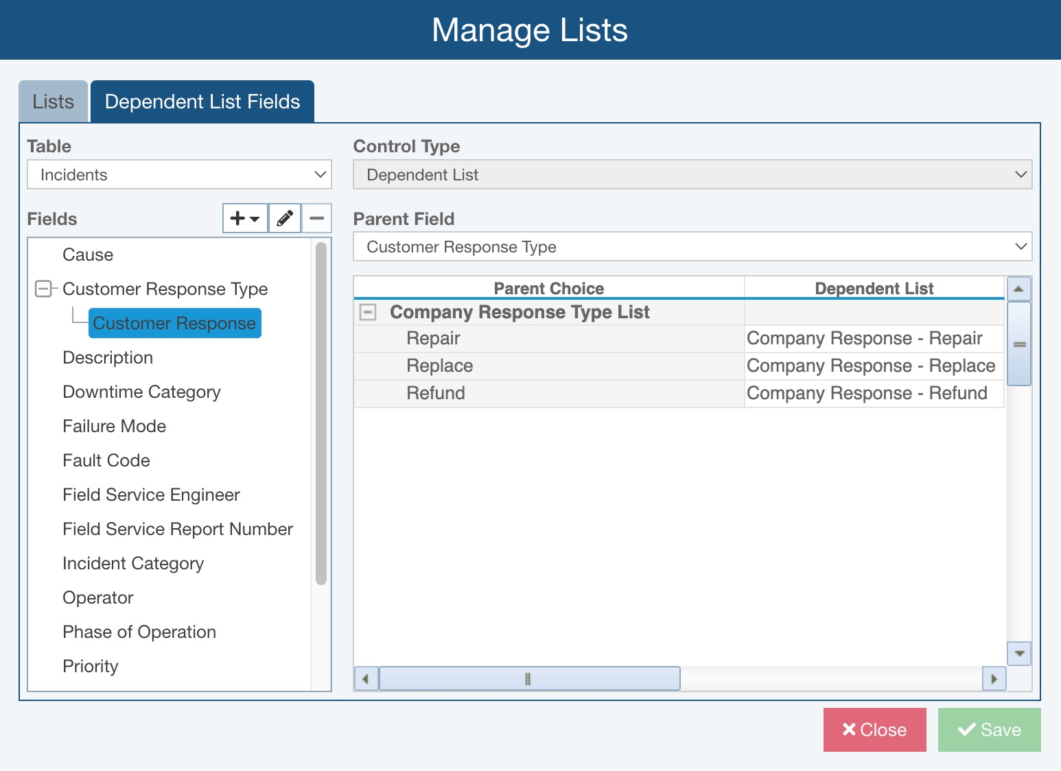 Using The Manage Lists Dialog For Lists And Dependent Lists In Relyence Fracas